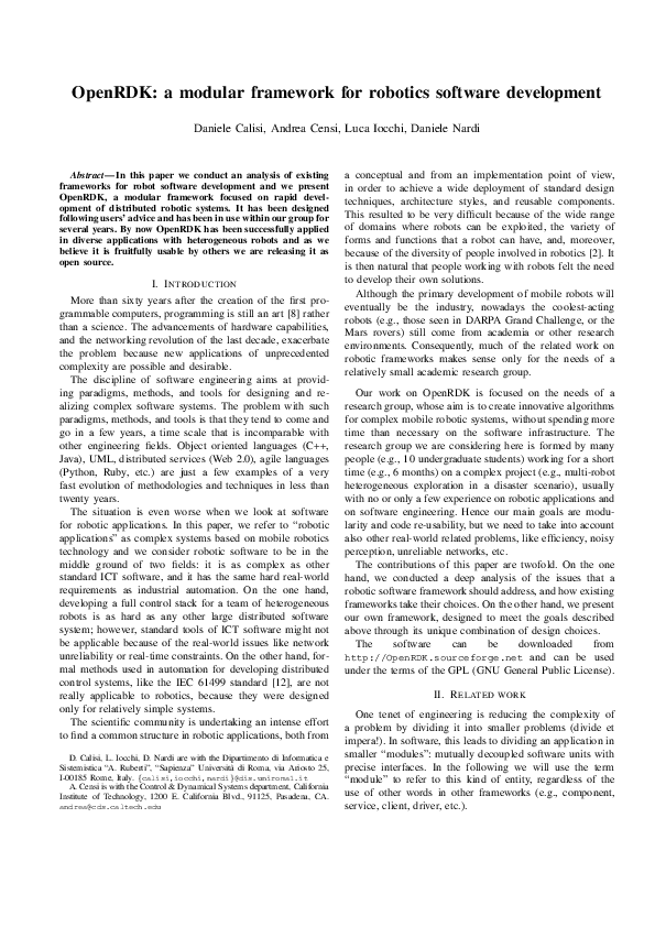 (PDF) OpenRDK: A modular framework for robotic software development