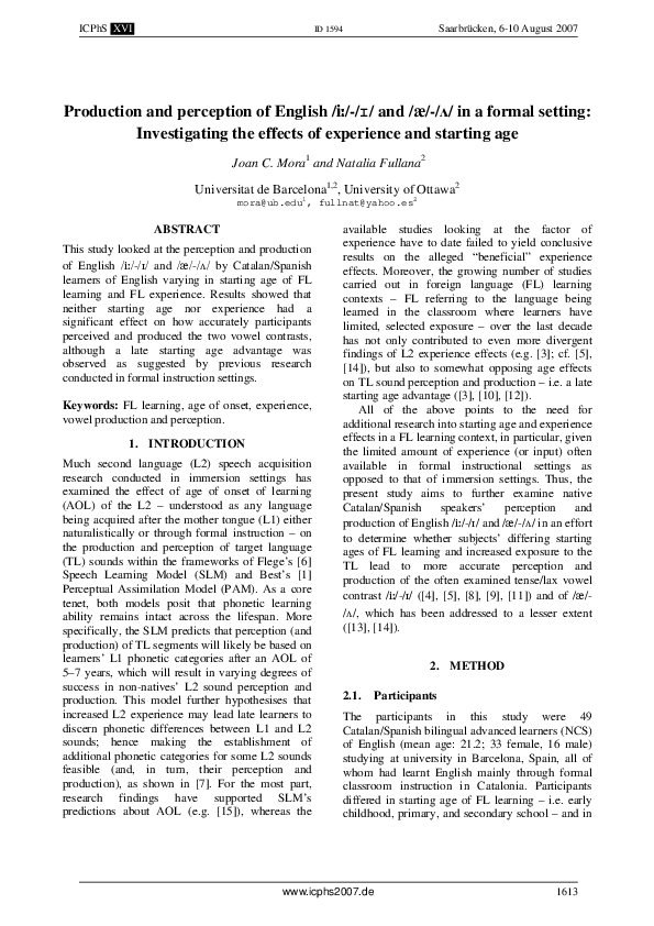 (PDF) Production and perception of English /i /-/ / and /æ/-/ / in a ...