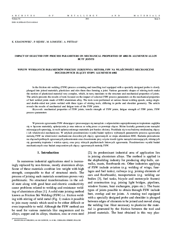 (PDF) Impact of Selected FSW Process Parameters on Mechanical ...