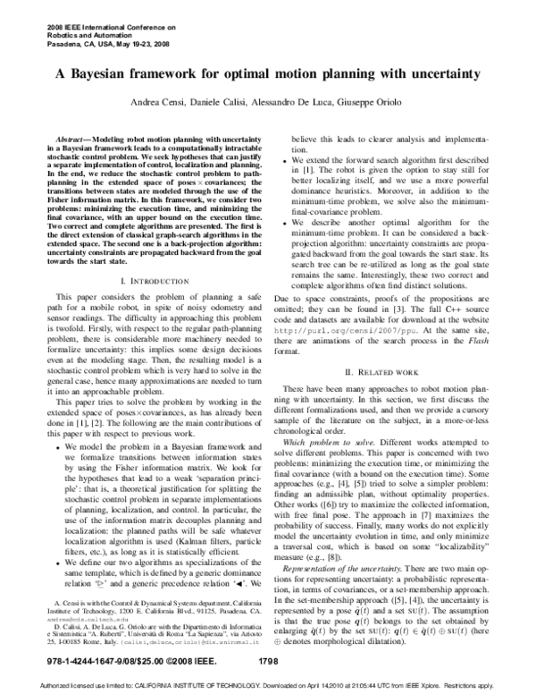 (PDF) A Bayesian framework for optimal motion planning with uncertainty