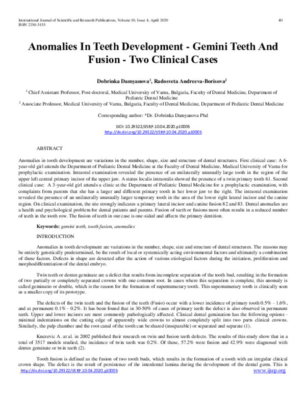 (PDF) Anomalies In Teeth Development - Gemini Teeth And Fusion - Two ...