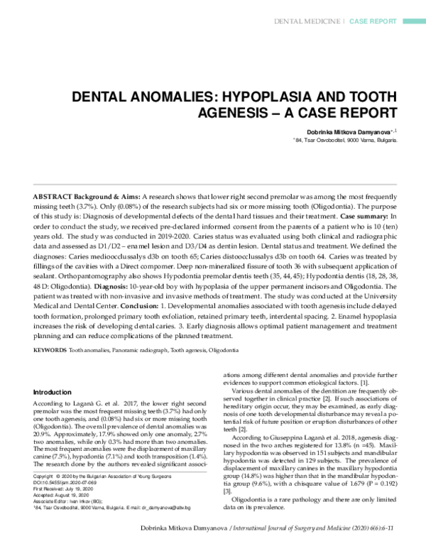 (PDF) Dental Anomalies: Hypoplasia and Tooth Agenesis - a Case Report