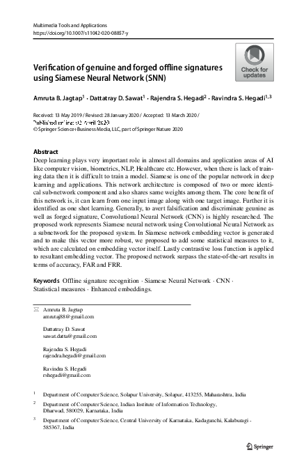 Pdf Verification Of Genuine And Forged Offline Signatures Using Siamese Neural Network Snn