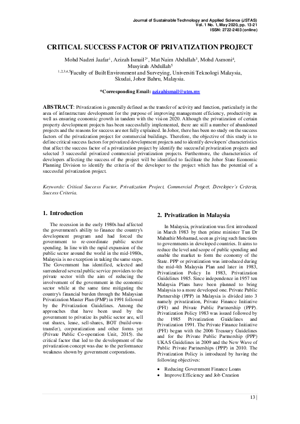 (PDF) Critical Success Factor of Privatization Project
