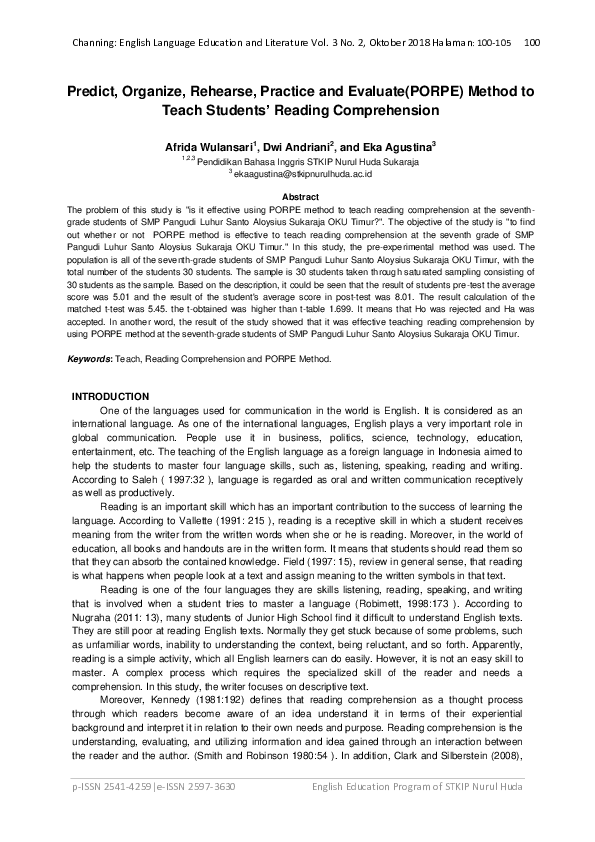 (PDF) Predict, Organize, Rehearse, Practice and Evaluate(PORPE) Method to Teach Students ...