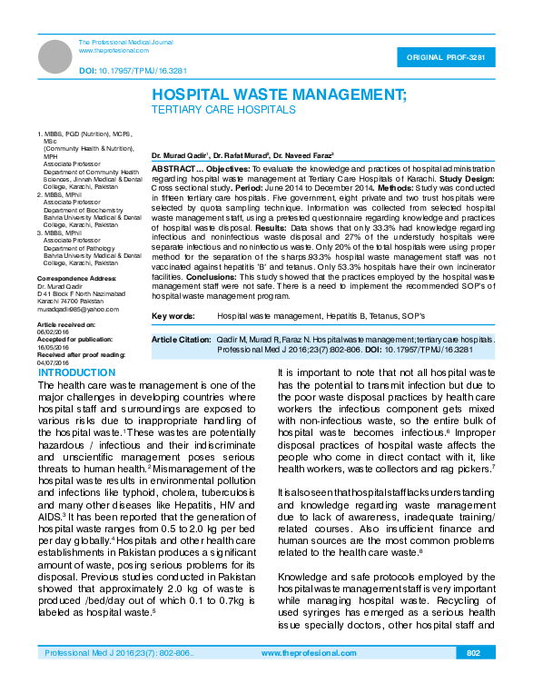 (PDF) Assessing Hospital Waste Management in Karachi