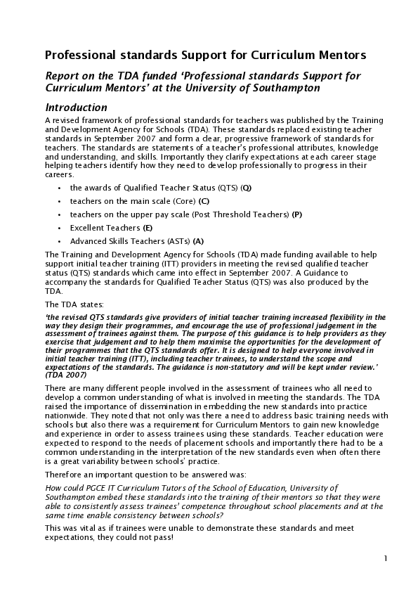 (PDF) Professional standards support for curriculum mentors: report on ...