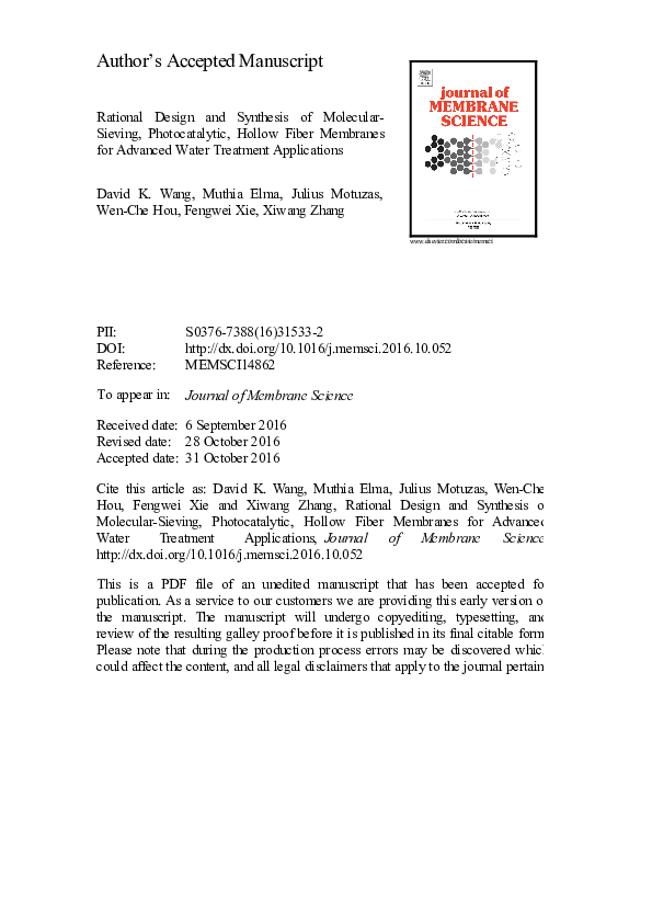 (PDF) Rational design and synthesis of molecular-sieving, photocatalytic, hollow fiber membranes ...
