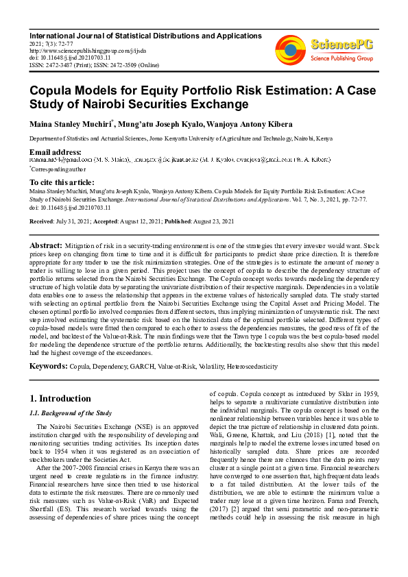 (PDF) Copula Models for Equity Portfolio Risk Estimation: A Case Study of Nairobi Securities ...