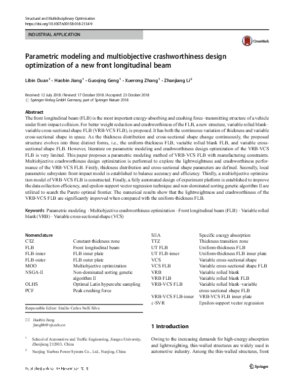 (PDF) Parametric modeling and multiobjective crashworthiness design optimization of a new front ...