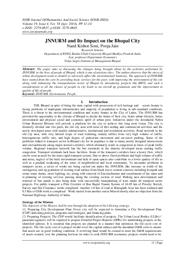 (PDF) JNNURM and Its Impact on the Bhopal City