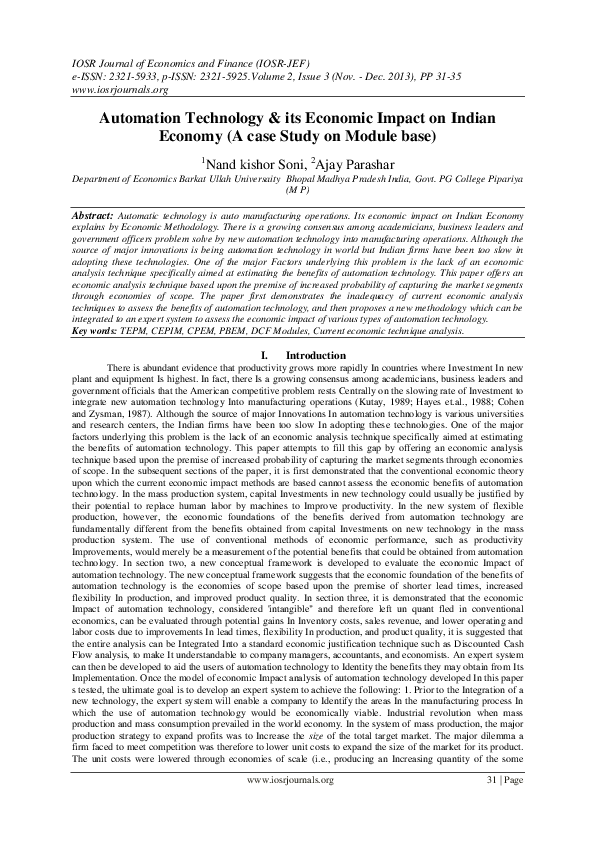 (PDF) Automation Technology & its Economic Impact on Indian Economy (A ...
