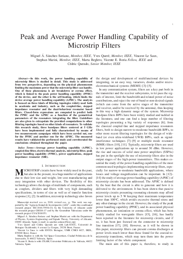 Pdf Peak And Average Power Handling Capability Of Microstrip Filters