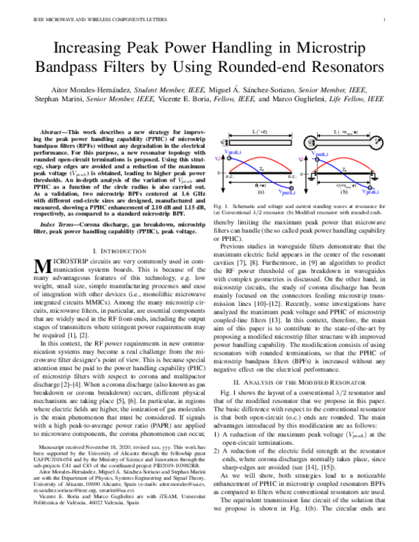 Pdf Increasing Peak Power Handling In Microstrip Bandpass Filters By Using Rounded End Resonators