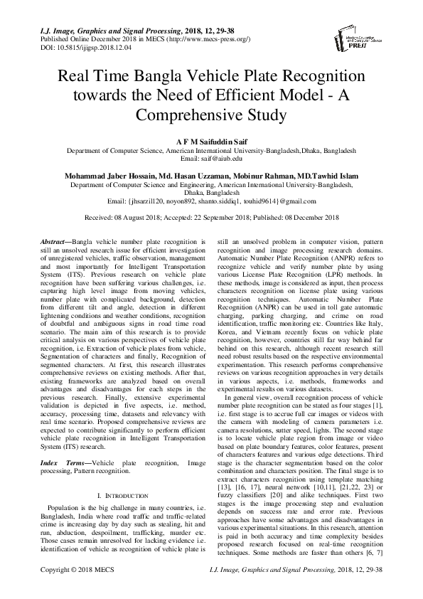 (PDF) Real Time Bangla Vehicle Plate Recognition towards the Need of Efficient Model - A ...