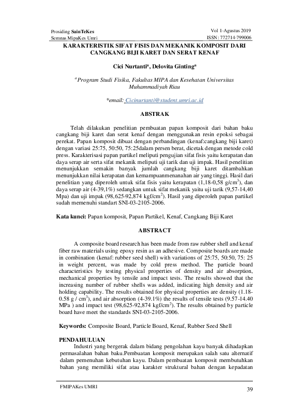 (PDF) Karakteristik Sifat Fisis Dan Mekanik Komposit Dari Cangkang Biji ...
