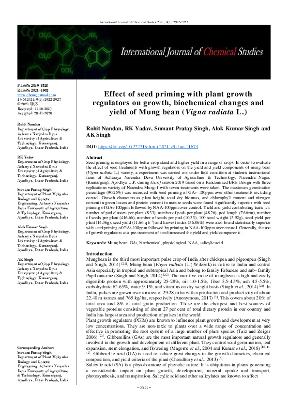 (PDF) Effect of seed priming with plant growth regulators on growth, biochemical changes and ...