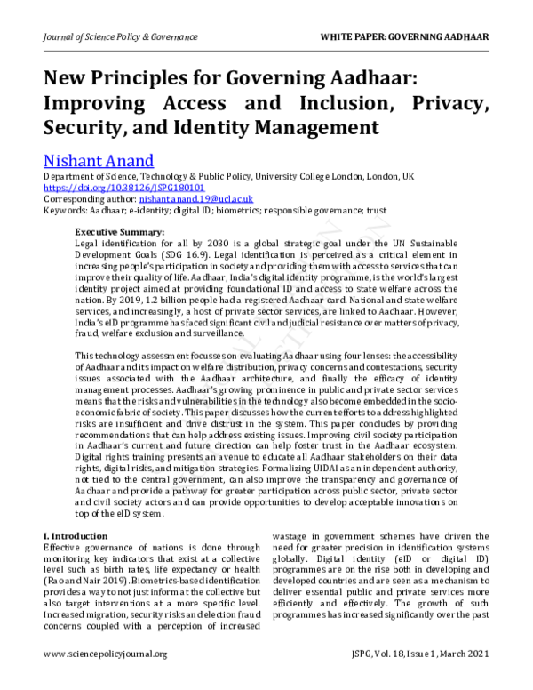 (PDF) New Principles for Governing Aadhaar: Improving Access and Inclusion, Privacy, Security ...