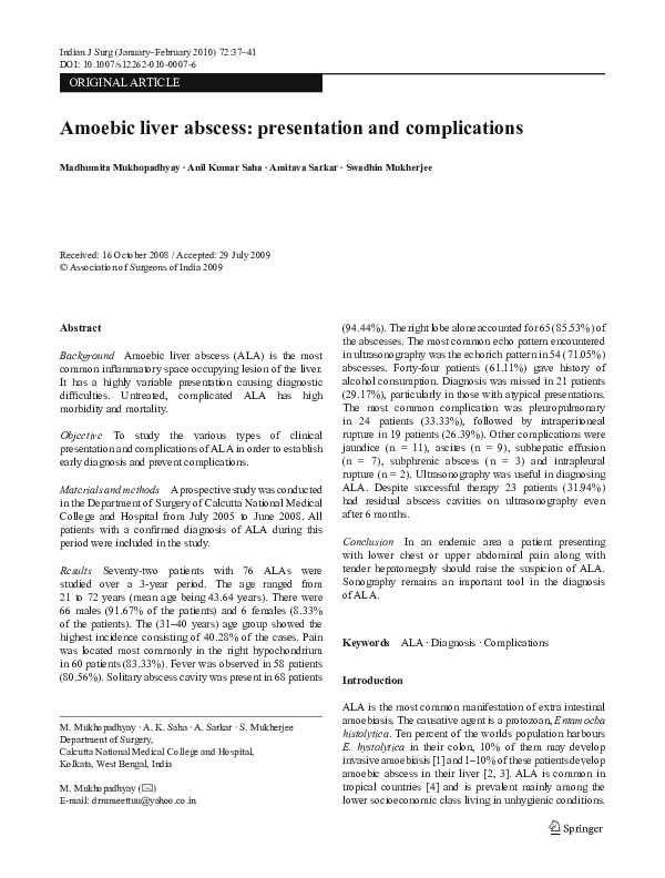 (PDF) Amoebic liver abscess: presentation and complications