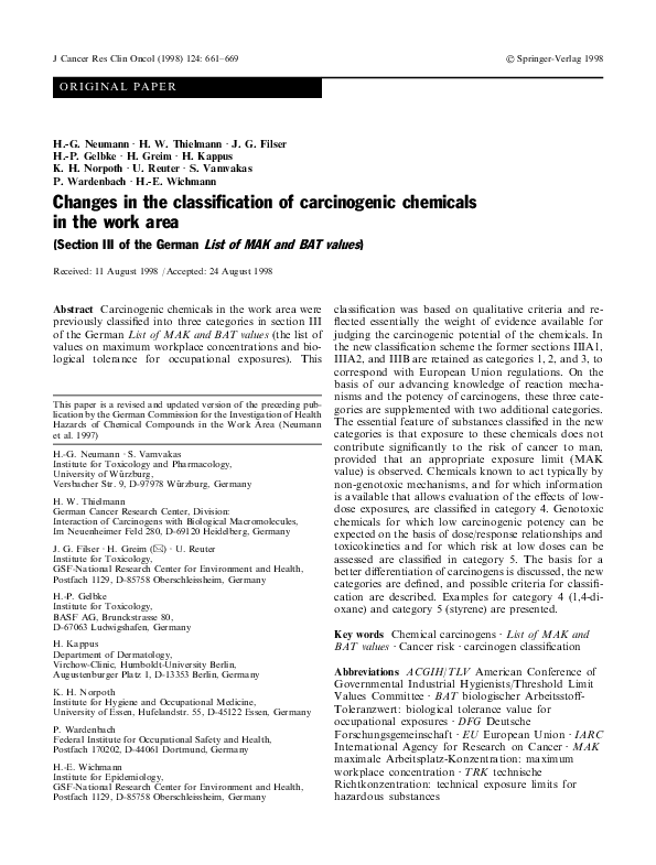 (PDF) Changes in the classification of carcinogenic chemicals in the work area