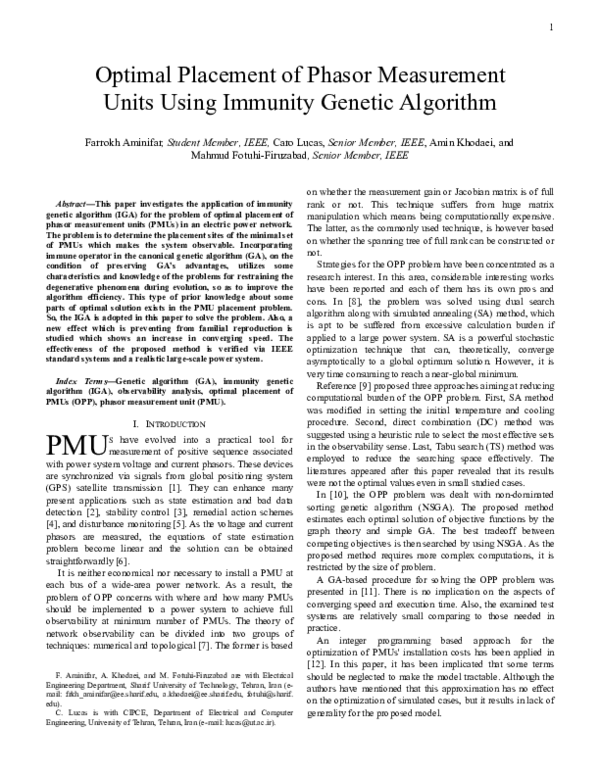 (PDF) Optimal Placement of Phasor Measurement Units Using Immunity Genetic Algorithm