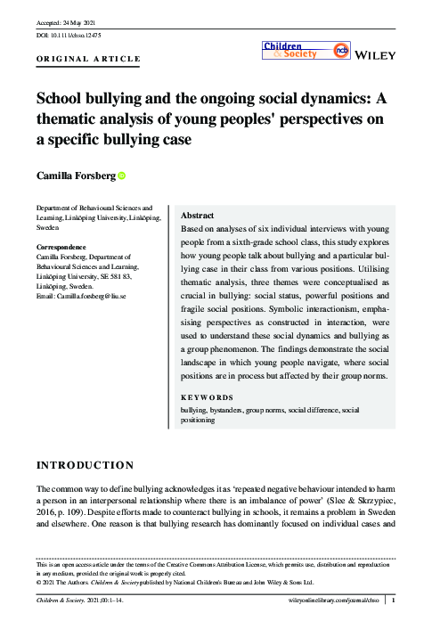 (PDF) School bullying and the ongoing social dynamics: A thematic ...