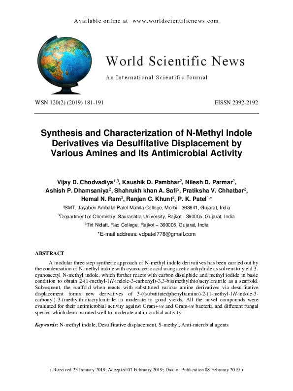 (PDF) Synthesis and Characterization of N-Methyl Indole Derivatives via ...