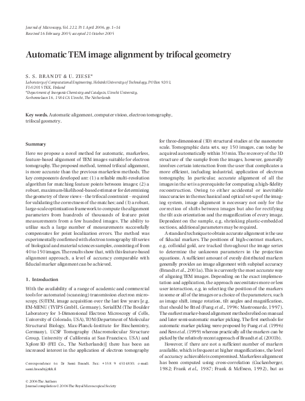 (PDF) Automatic TEM image alignment by trifocal geometry