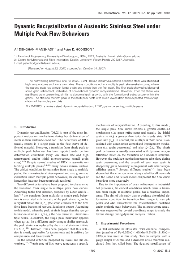 (PDF) Dynamic Recrystallization of Austenitic Stainless Steel under Multiple Peak Flow Behaviours