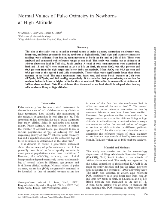 (PDF) Normal Values of Pulse Oximetry in Newborns at High Altitude