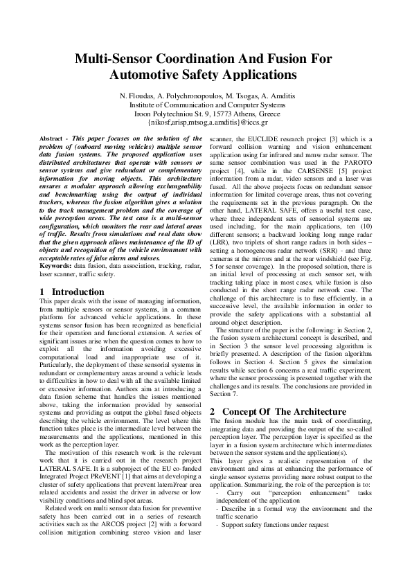 (PDF) Multi-Sensor Coordination And Fusion For Automotive Safety Applications