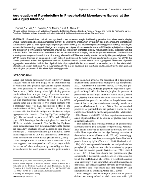 (PDF) Aggregation of Puroindoline in Phospholipid Monolayers Spread at ...