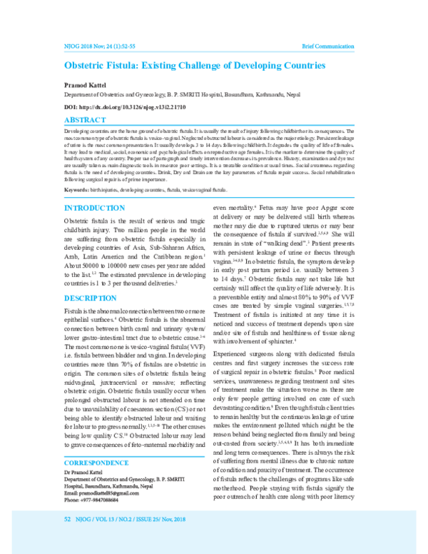 Pdf Obstetric Fistula Existing Challenge Of Developing Countries