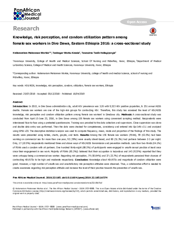 Pdf Knowledge Risk Perception And Condom Utilization Pattern Among Female Sex Workers In