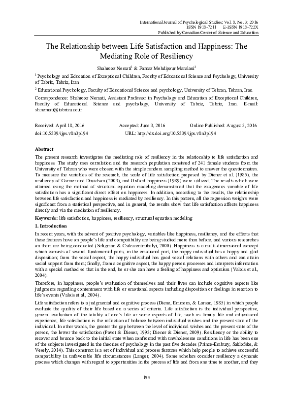 (PDF) The Relationship between Life Satisfaction and Happiness: The Mediating Role of Resiliency
