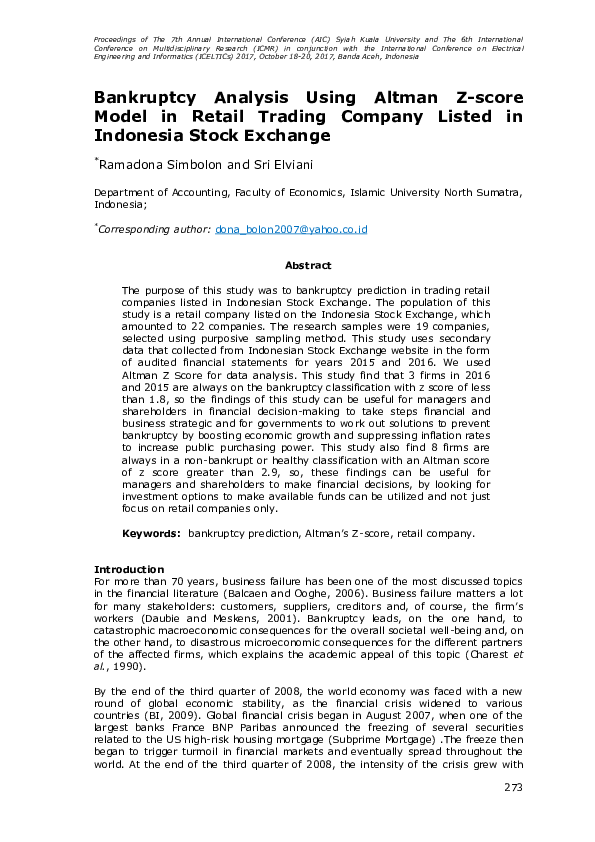 (PDF) Bankruptcy analysis using altman z-score model in retail trading ...