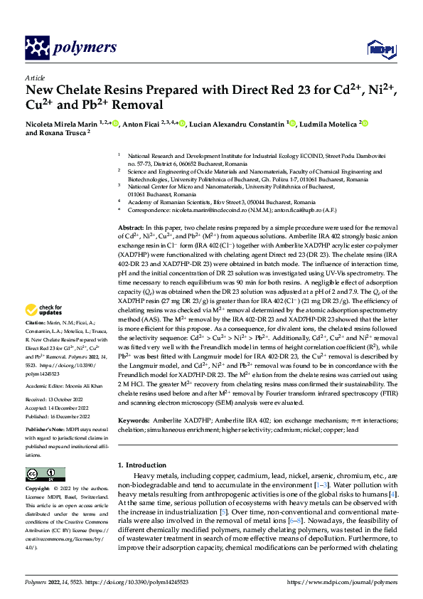 (PDF) New Chelate Resins Prepared with Direct Red 23 for Cd2+, Ni2+, Cu2+ and Pb2+ Removal