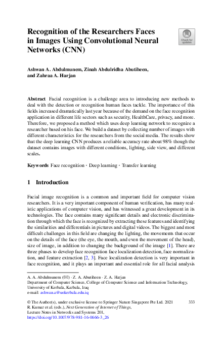 Pdf Recognition Of The Researchers Faces In Images Using Convolutional Neural Networks Cnn