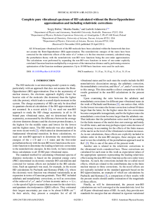 (PDF) Complete pure vibrational spectrum of HD calculated without the ...