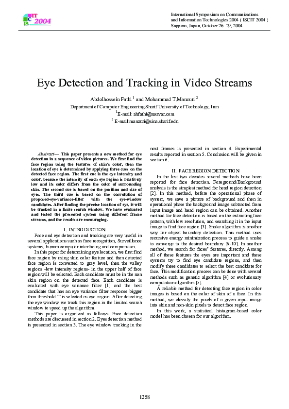 (PDF) Eye detection and tracking in video streams