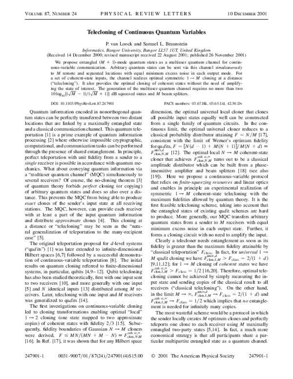 (PDF) Cloning of Continuous Quantum Variables