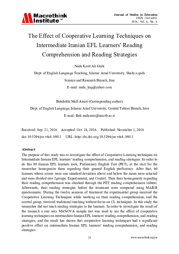 (PDF) The Effect of Cooperative Learning Techniques on Intermediate Iranian EFL Learners ...