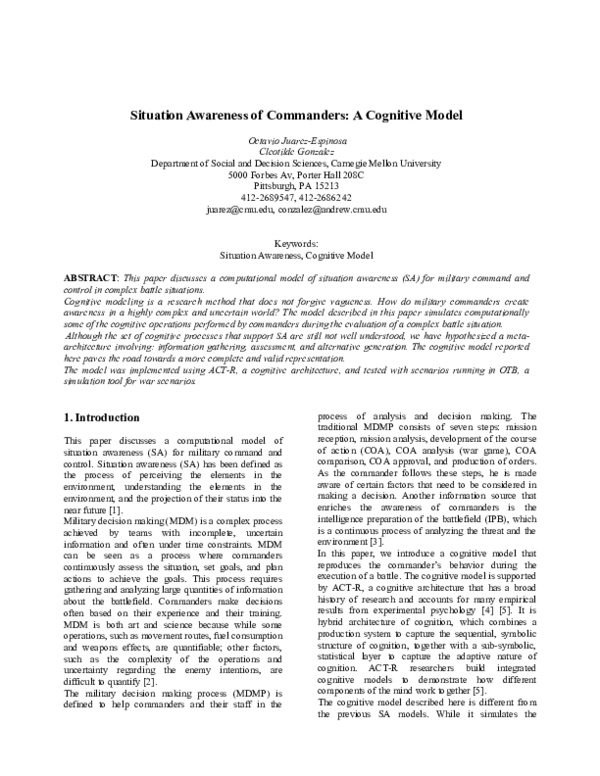 (PDF) Situation Awareness of Commanders: A Cognitive Model