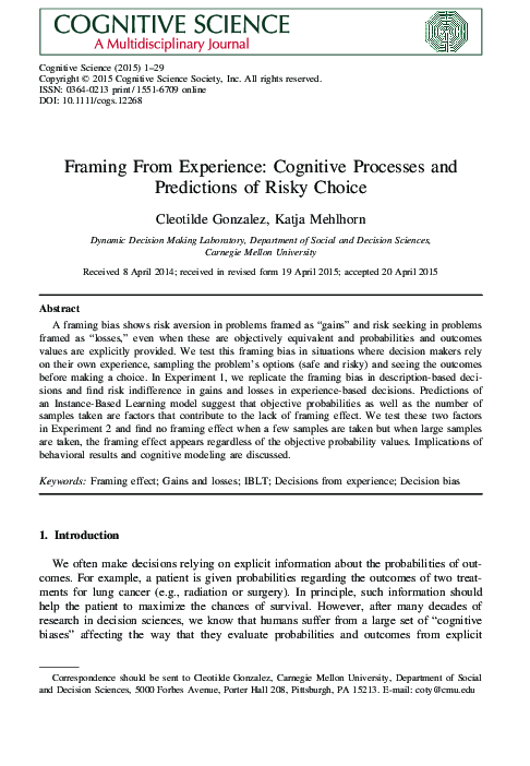 (PDF) Framing From Experience: Cognitive Processes and Predictions of ...