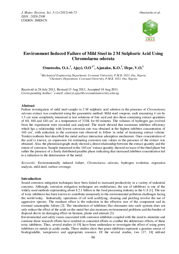 (PDF) Environment Induced Failure of Mild Steel in 2 M Sulphuric Acid ...