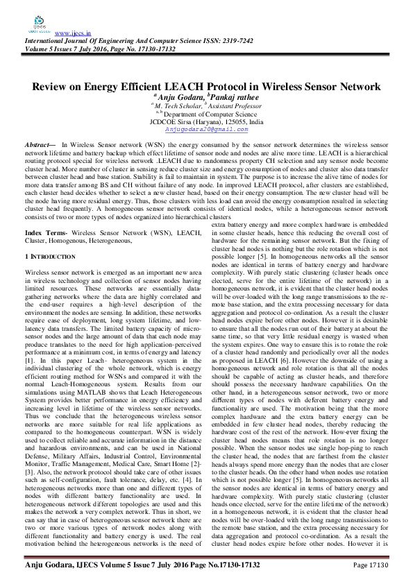 Pdf Review On Energy Efficient Leach Protocol In Wireless Sensor Network Anju Godara 