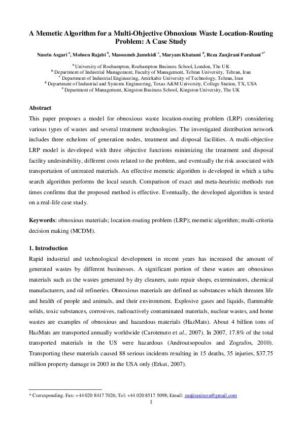 (PDF) A memetic algorithm for a multi-objective obnoxious waste location-routing problem: a case ...