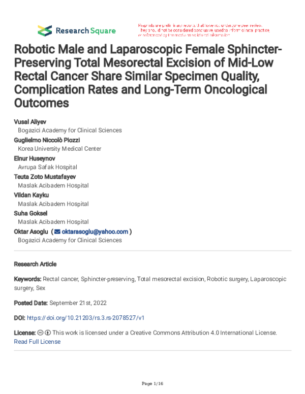 (PDF) Robotic Male and Laparoscopic Female Sphincter-Preserving Total Mesorectal Excision of Mid ...