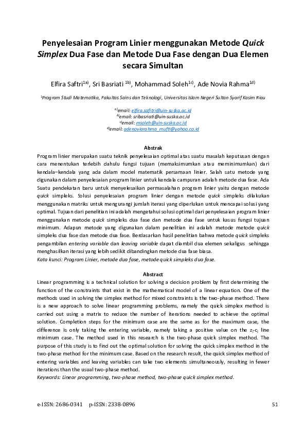 (PDF) Penyelesaian Metode Quick Simplex Terhadap Metode Dua Fase dengan Dua Elemen secara ...