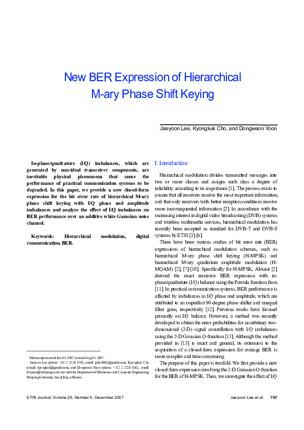 (PDF) New BER Expression of Hierarchical M-ary Phase Shift Keying